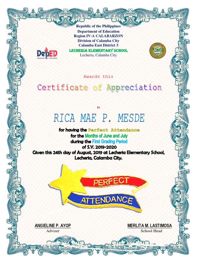 Lecheria Elementary School Certificate of Recognition | PDF