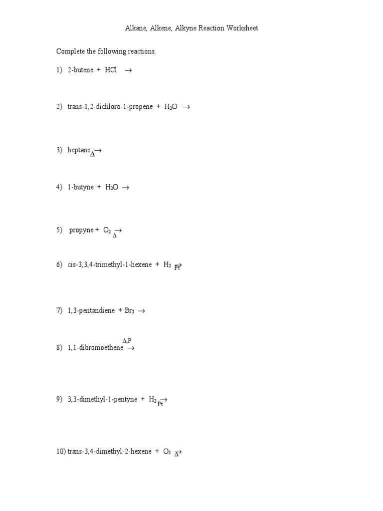 Alkane Alkene Alkyne Reaction Worksheet PDF | PDF