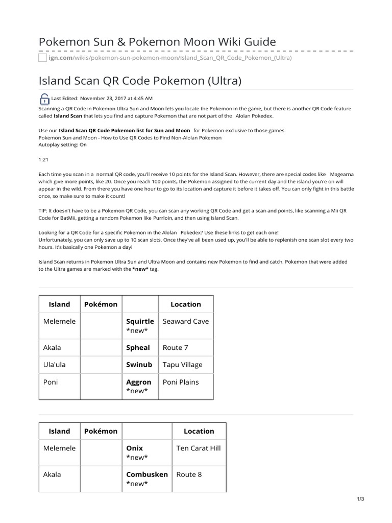 Island Scan QR Codes for Pokémon Sun/Moon | PDF | Pokémon | Video Games