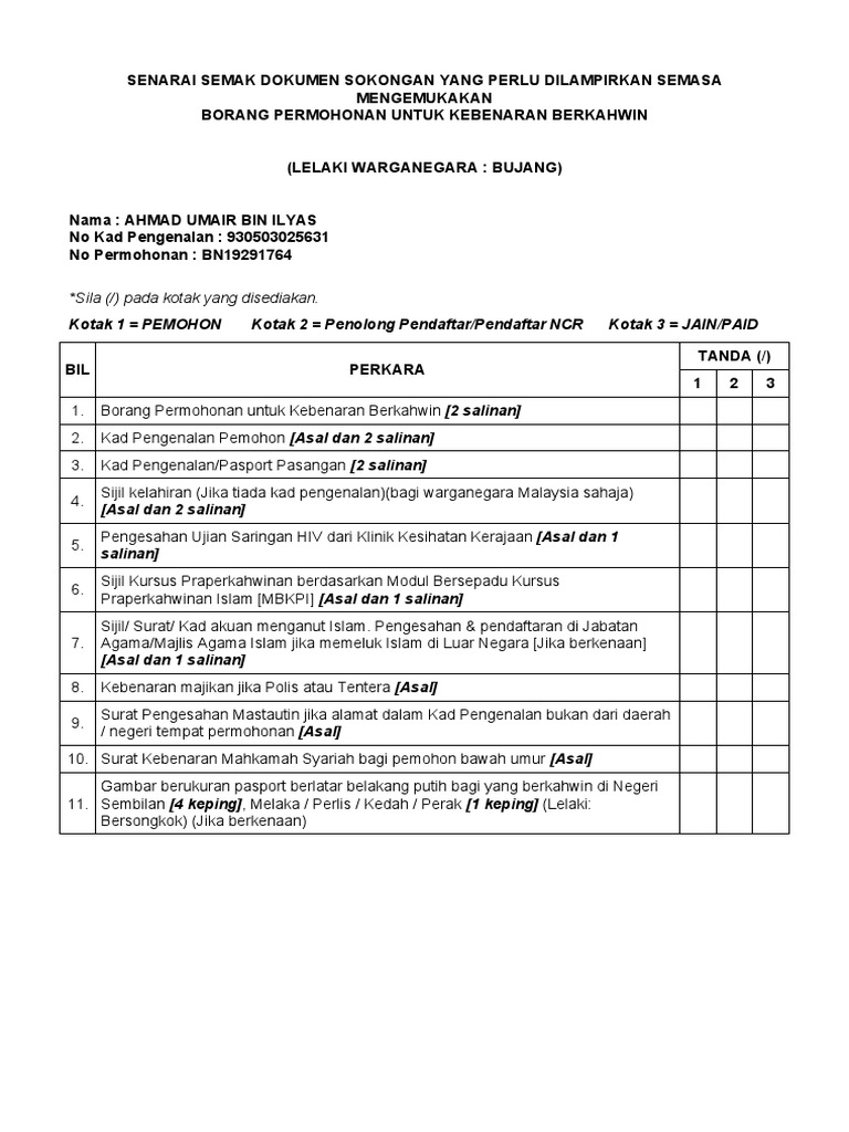 Check List Borang Kahwin | PDF