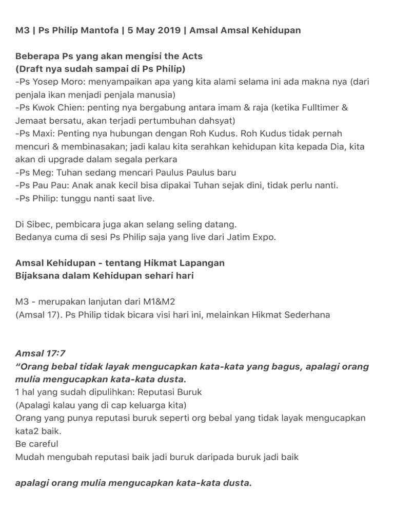 M3 - Ps Philip Mantofa - 5 May 2019 - Amsal Amsal Kehidupan Beberapa Ps Yang Akan Mengisi The ...