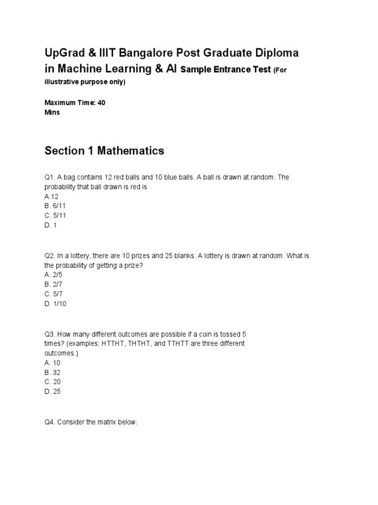 UpGrad IIIT ML & AI Entrance Test Sample | PDF | Decimal | Numbers