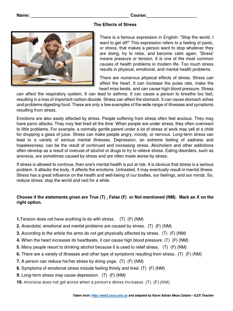 Stress Reading Task Reading Comprehension Exercises - 105292 | PDF ...