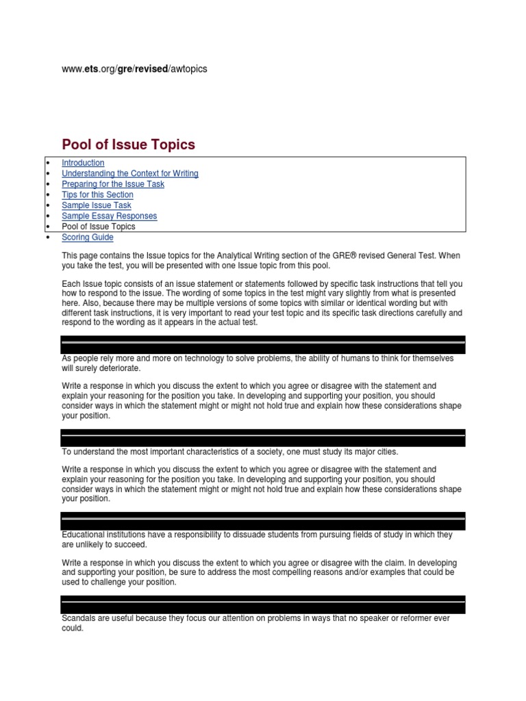 Pool of Issue Topics Revised GRE | PDF | Graduate Record Examinations ...