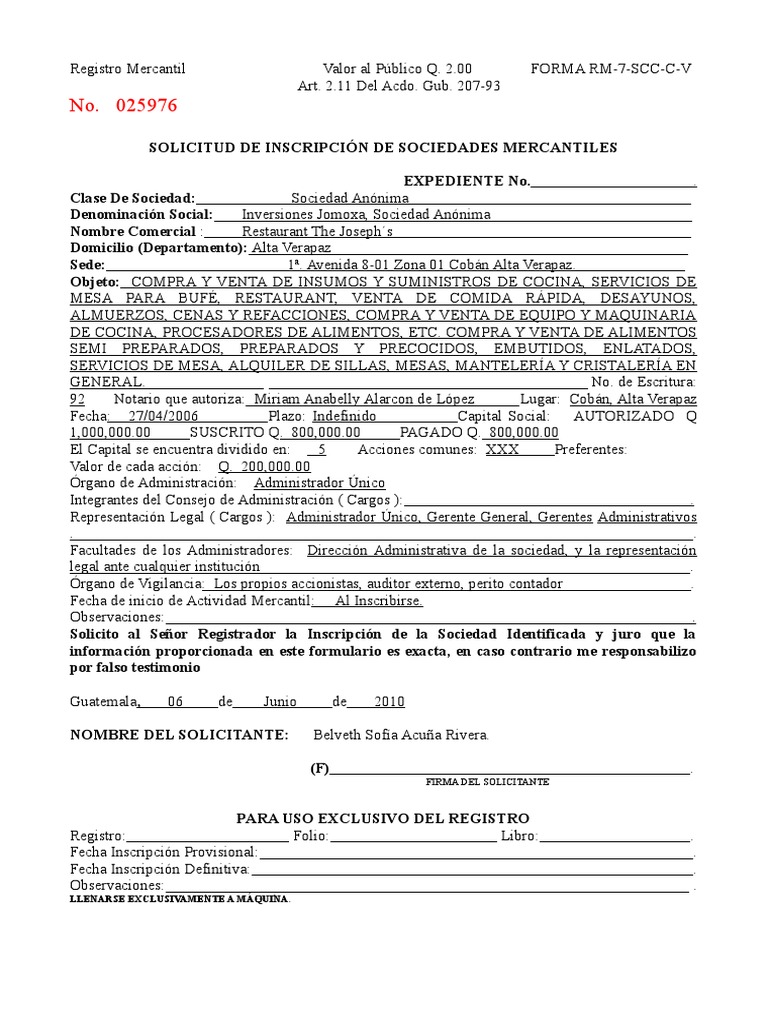 Solicitud de Inscripción de Sociedades Mercantiles | PDF | Información del gobierno | Justicia