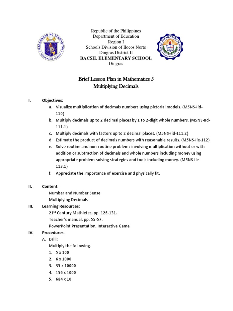 Lesson Plan Grade 5 Math-Demo Multiplying Decimals | PDF ...