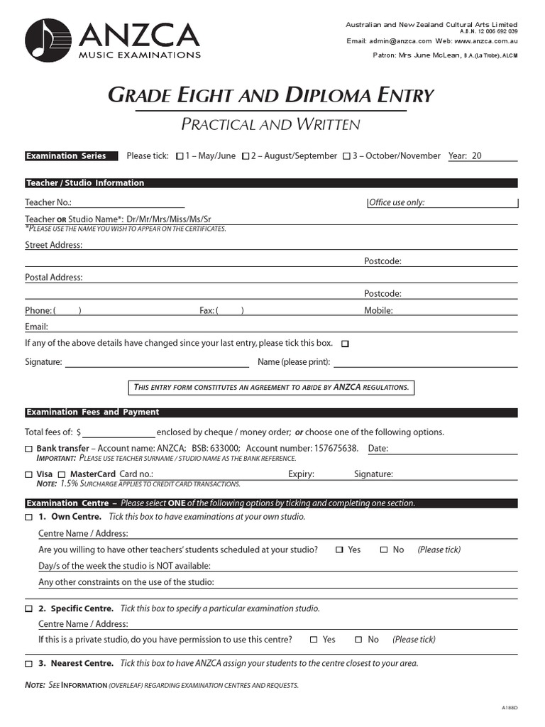ANZCA Grade Eight and Diploma Entry Form | PDF | Money Order | Test ...
