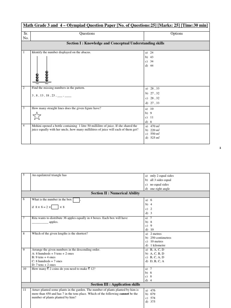 Math Grade 3 and 4 - Olympiad Question Paper (No. of Questions:25 ...