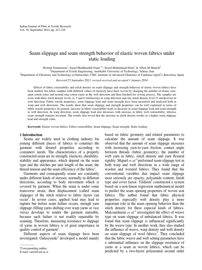 Seam Slippage and Seam Strength Behavior of Elastic Woven Fabrics Under ...