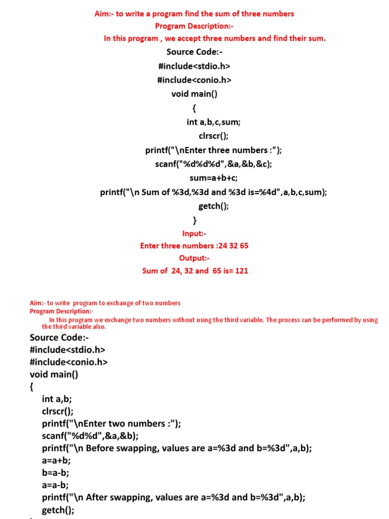 Aim To Write A Program Find The Sum Of Three Numbers Program Description In This Program We
