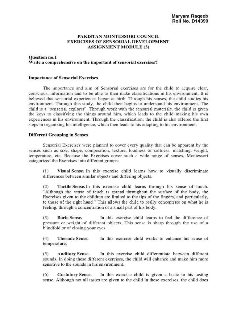 Assignment No 3 Exercises of Sensorial Development | PDF | Senses ...