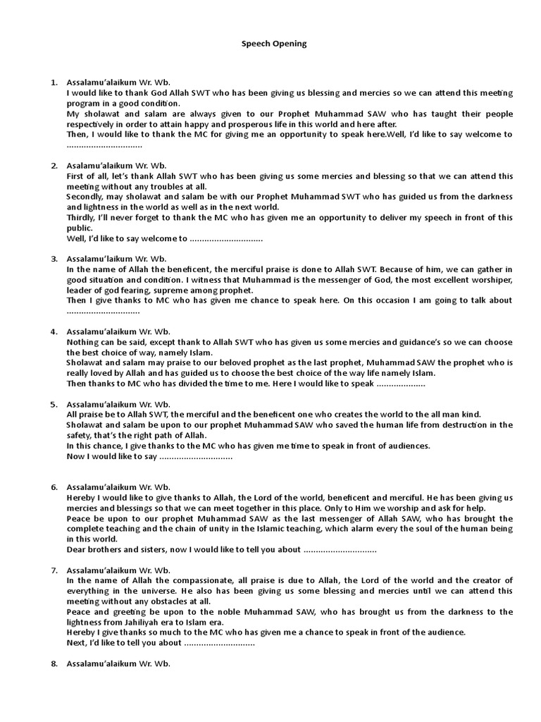 Islamic Speech Opening Examples | PDF | Muhammad | Allah