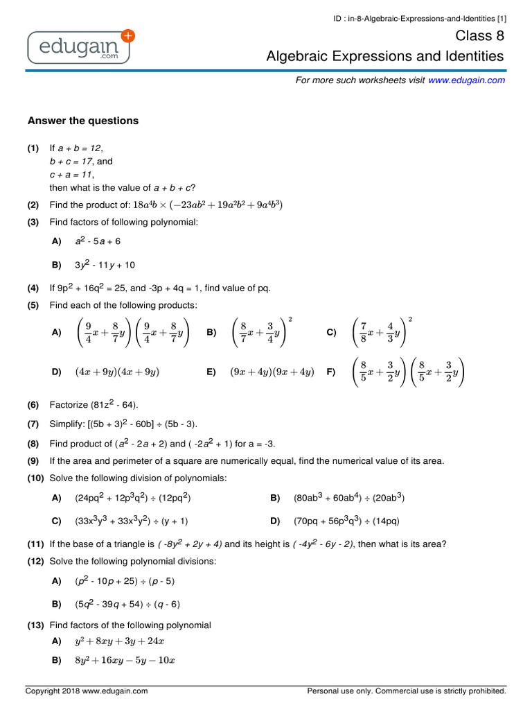 Grade 8 Algebra | PDF | Algebra | Elementary Mathematics