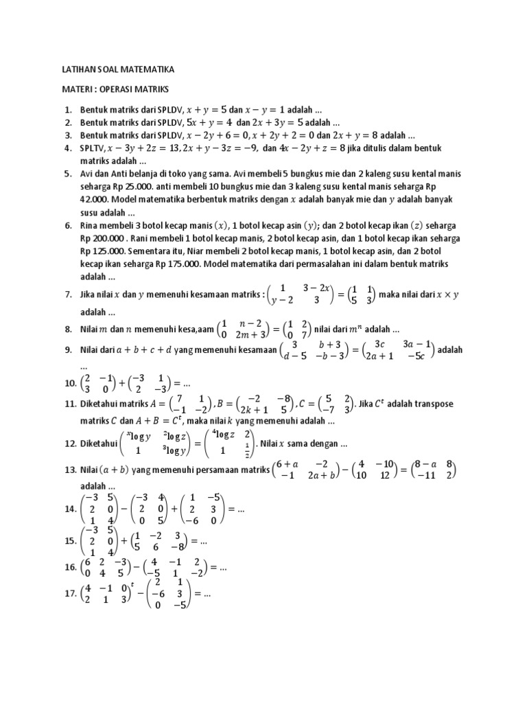 Latihan Soal Operasi Matriks Kelas 11 | PDF