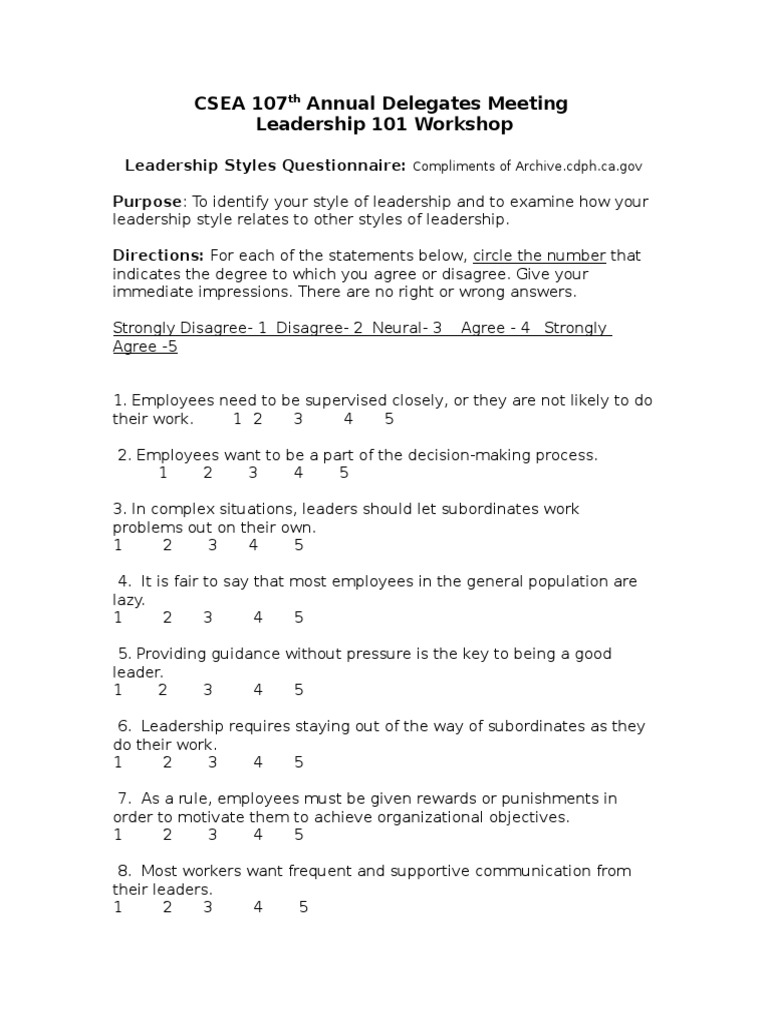 Leadership Style Questionnaire Leadership 101 | PDF | Leadership ...