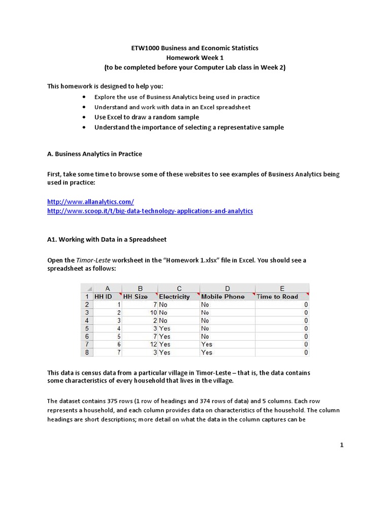 ETW1000 Business and Economic Statistics Homework Week 1 (To Be ...