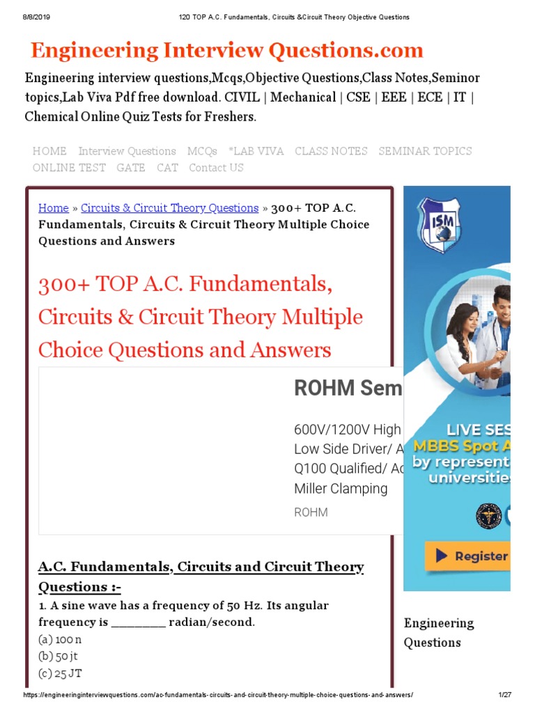 300+ TOP A.C. Fundamentals, Circuits & Circuit Theory Multiple Choice ...