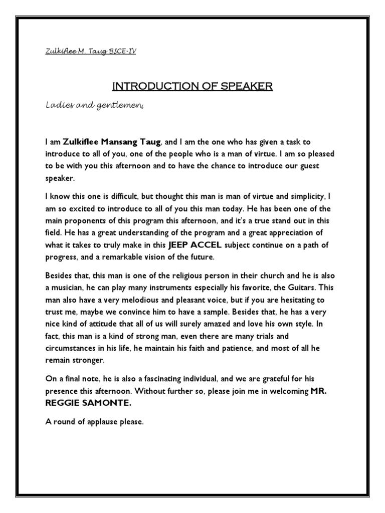 Introduction Of Speaker Ladies And Gentlemen Pdf