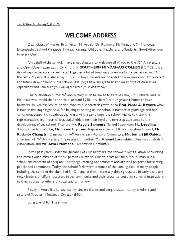 Welcome Address: Zulkiflee M. Taug BSCE-IV | PDF | Travel