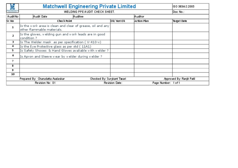 Welder PPE Audit Check Sheet | PDF