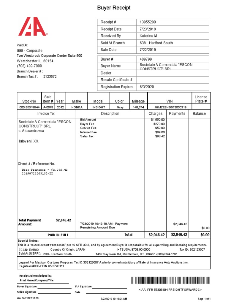 2012 HONDA INSIGHT Receipt 13955290 PDF | PDF | Receipt | Service ...