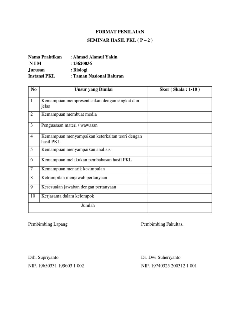 Form Penilaian Seminar PKL | PDF