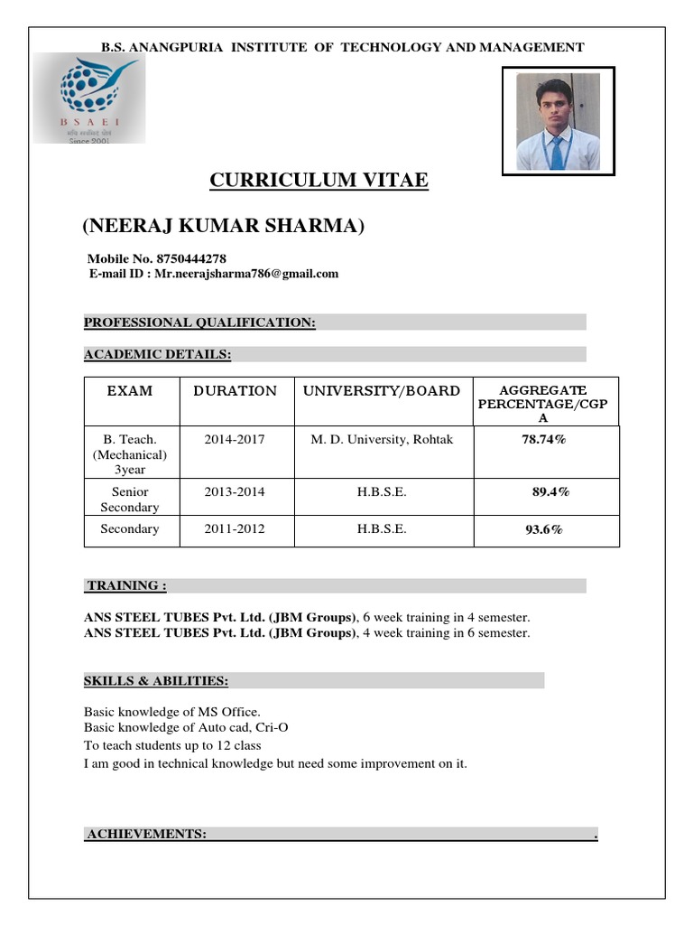 Curriculum Vitae (Neeraj Kumar Sharma) | PDF