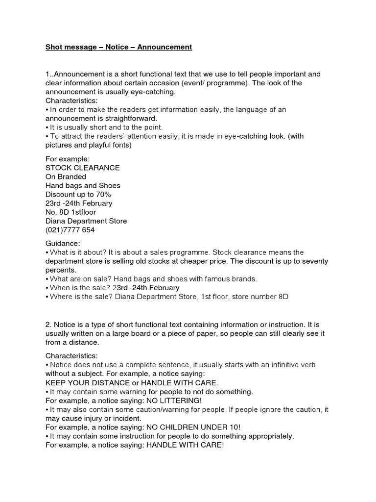Announcement Short Message Notice | PDF | Business