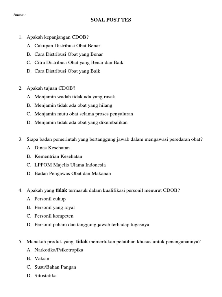 Contoh Post Test Training PBF | PDF