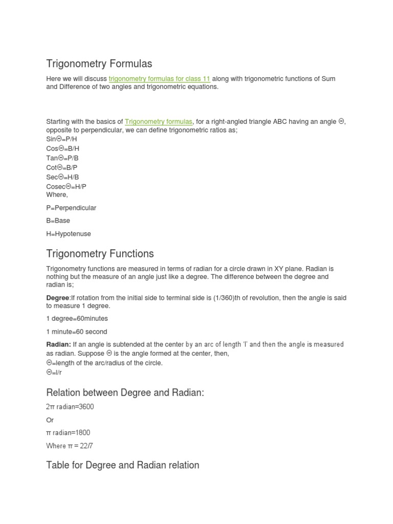 Trigonometry Formulas | PDF | Trigonometry | Trigonometric Functions