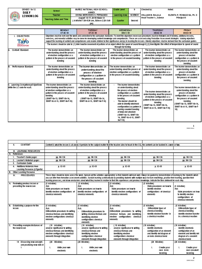 GRADE 1 To 12 DAILY LESSON LOG School MU | PDF | Chemical Bond ...