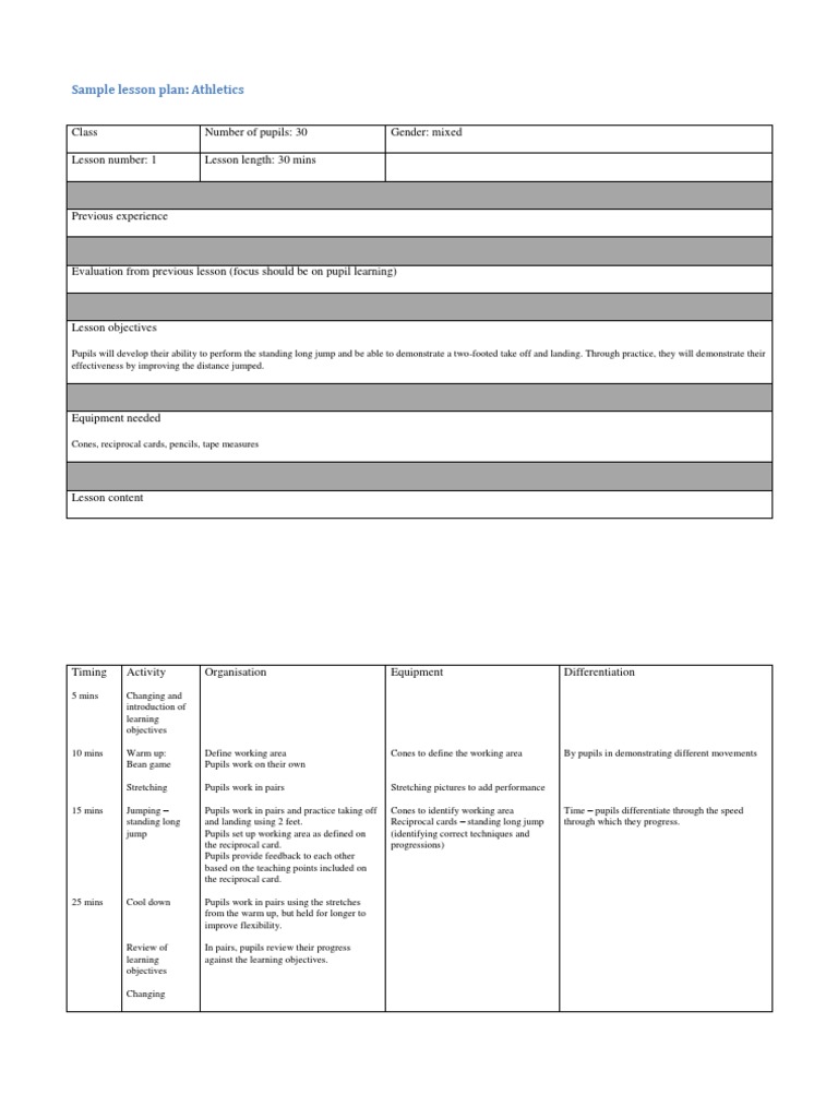 Athletics Lesson Plan: Long Jump | PDF