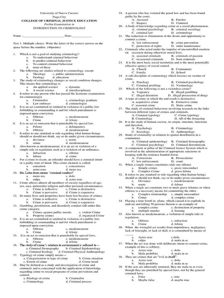 Prelim Examination in Introduction To Criminology: College of Criminal ...