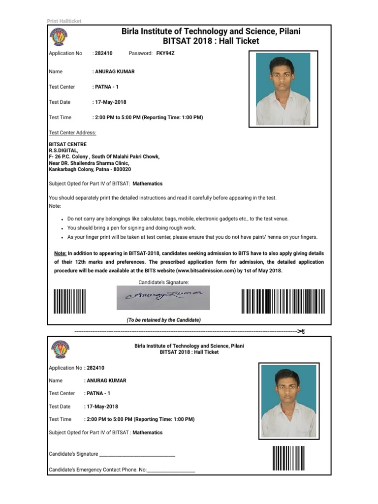 Birla Institute of Technology and Science, Pilani BITSAT 2018: Hall Ticket | PDF | Computing And ...