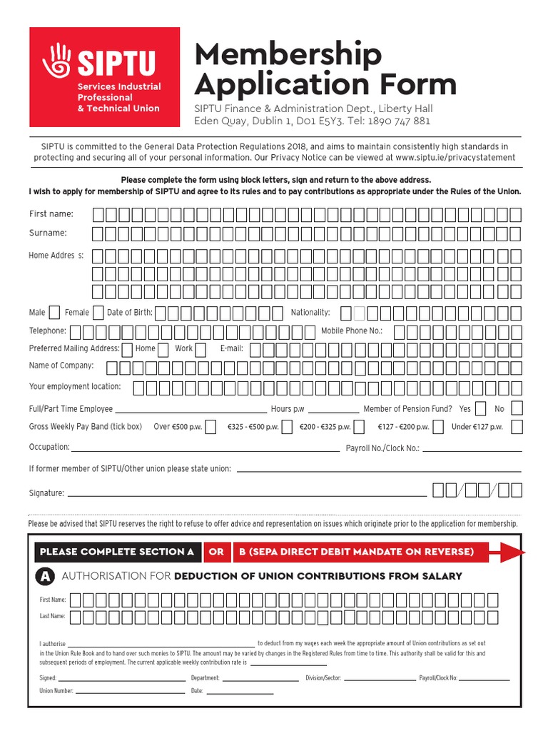 Application for Membership in SIPTU Trade Union | PDF | Service ...