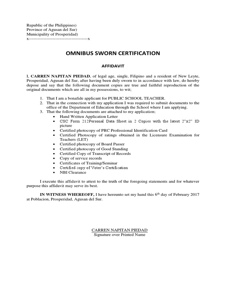 Omnibus Sworn Certification - Carren | PDF