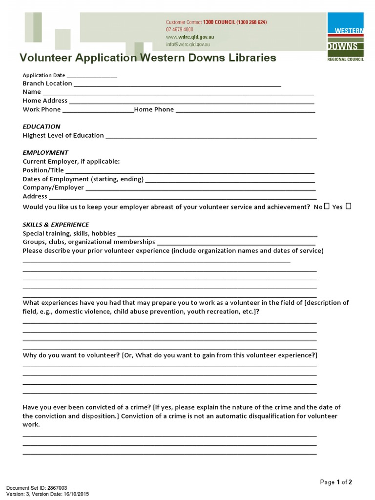 Volunteer Application Western Downs Libraries | PDF | Employment | Violence