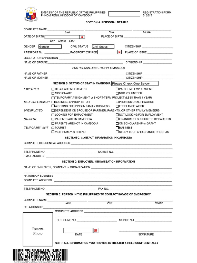 Philippine Embassy Registration Form R2015 PDF | PDF | Cambodia ...