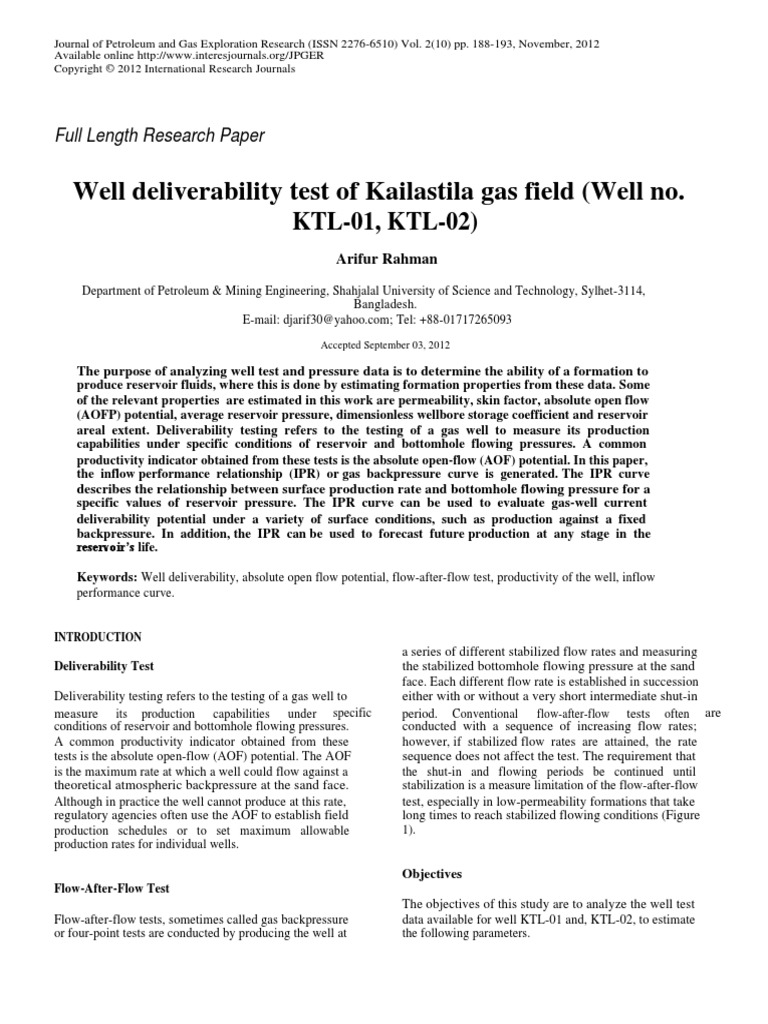 Well Deliverability Test of Kailastila Gas Field Well No KTL 01 KTL 02 ...