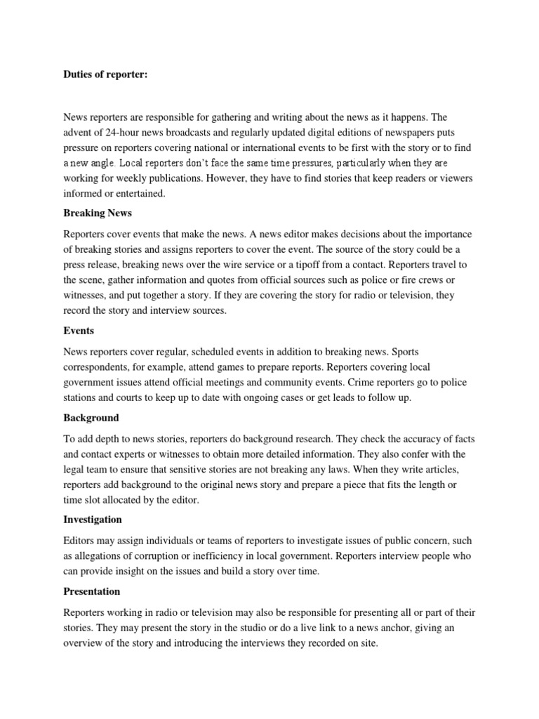 Reporter Duties and Responsibilities | PDF | News | Information
