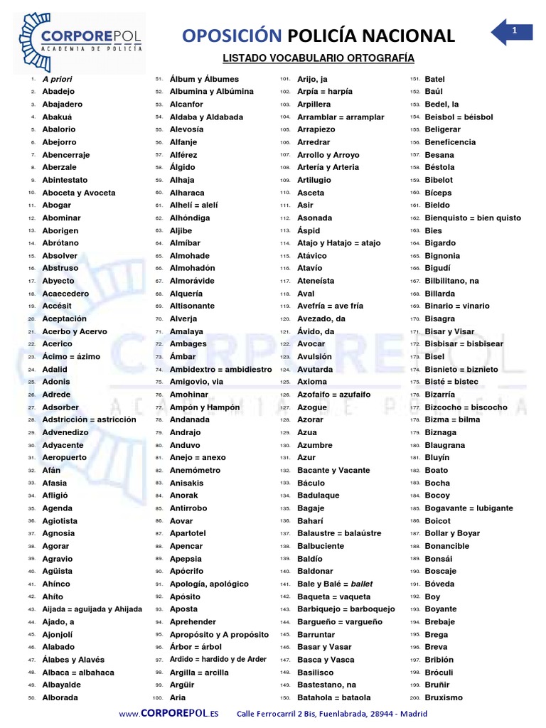 Vocabulario Ortográfico Policía Nacional | PDF