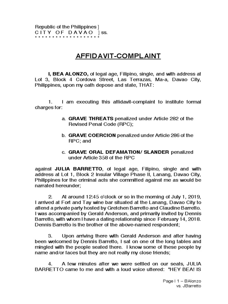 Sample Affidavit-Complaint 1 | PDF | Defamation | Affidavit