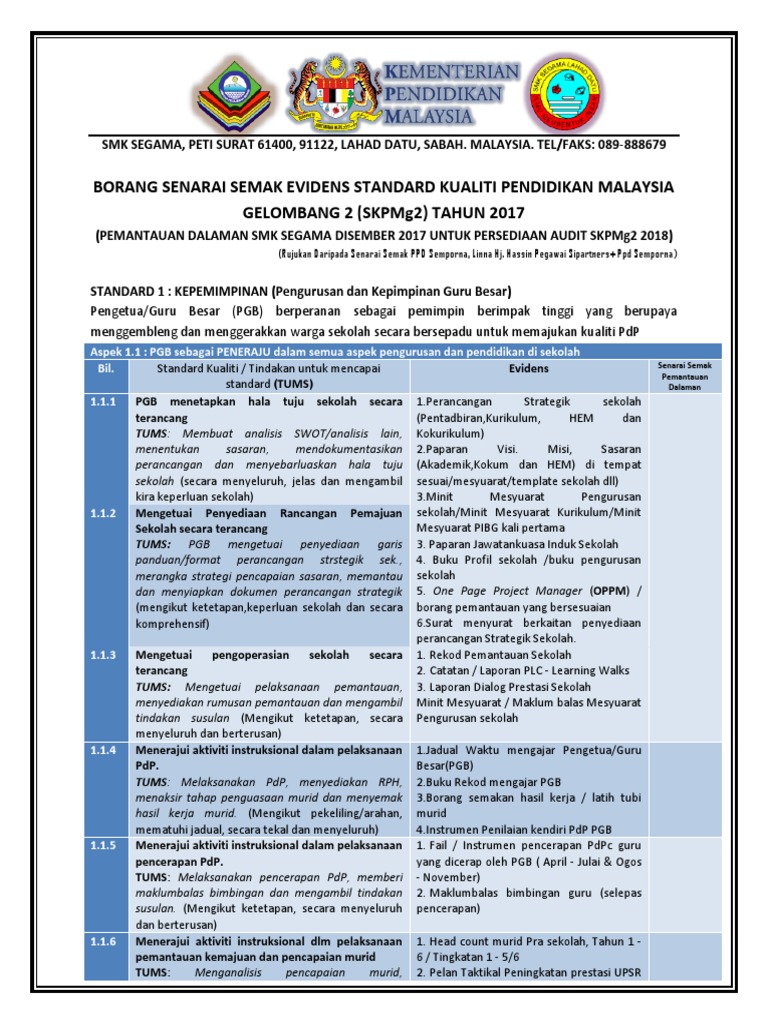 Senarai Semak Evidens Skpmg2 SMK Segama, Lahad Datu | PDF
