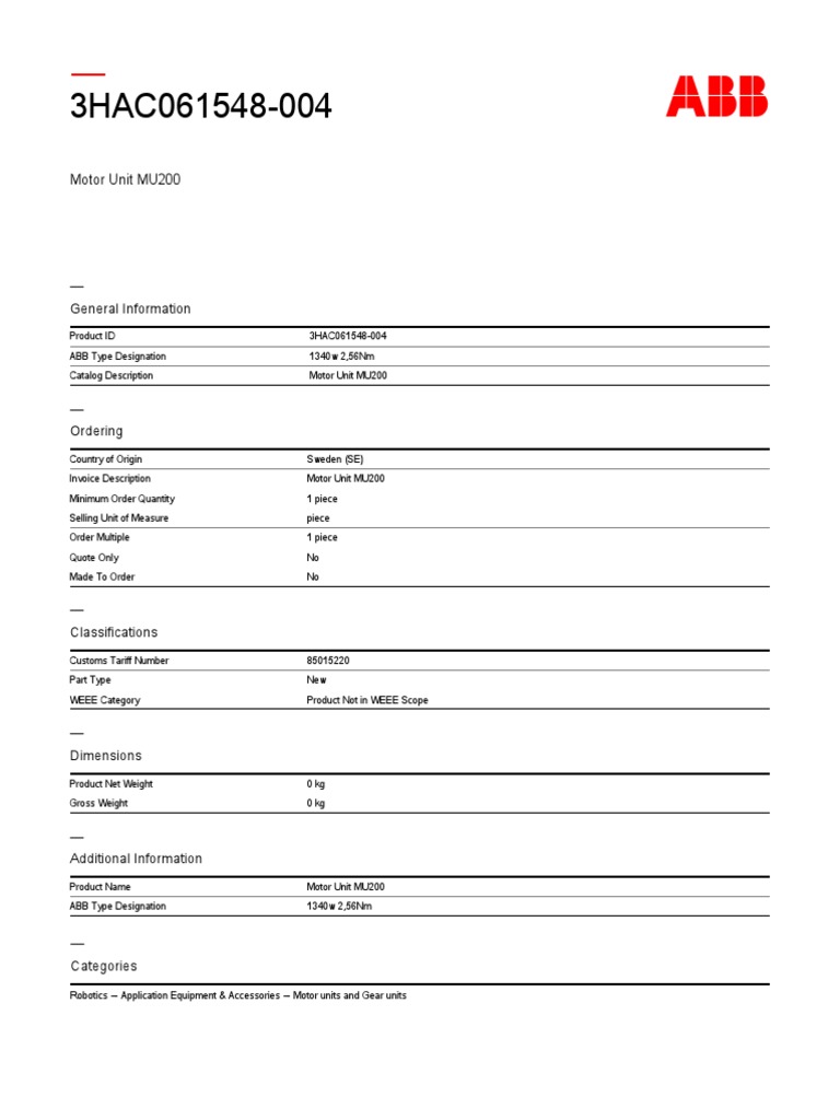 Motor Unit MU200 Specifications | PDF