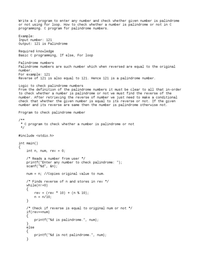 C Program To Check Whether A Number Is Palindrome or Not | PDF