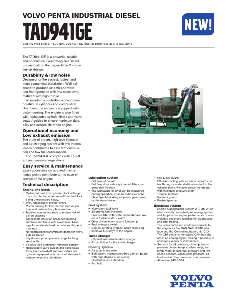 TAD941GE: Volvo Penta Industrial Diesel | PDF | Cylinder (Engine ...