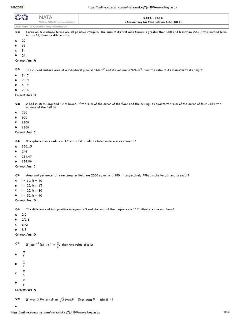 Click Here For Question Representation: (Answer Key For Test Held On 7 ...