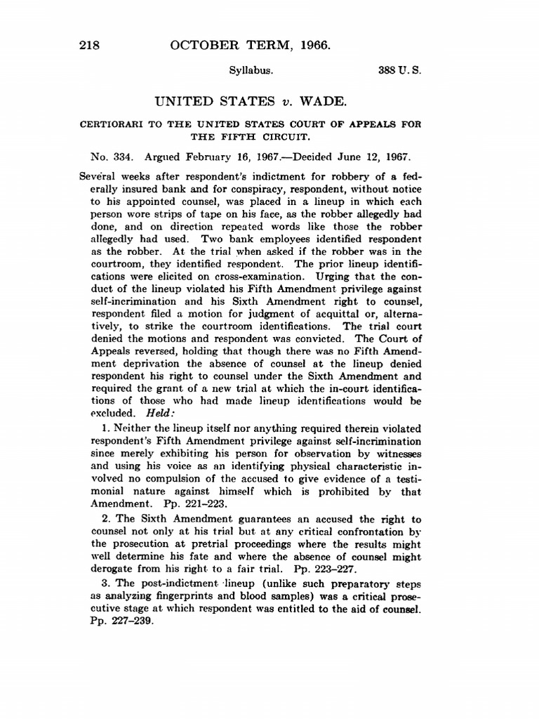 United States v. Wade, 388 U.S. 218 (1967) | Download Free PDF | Sixth ...