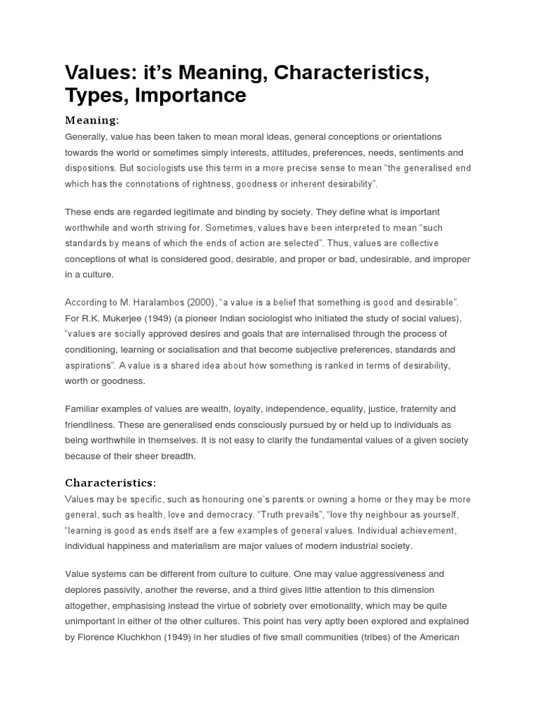Values: It's Meaning, Characteristics, Types, Importance | PDF | Value ...