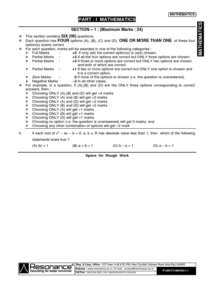 Resonance Adv Test Paper 1 | PDF | Lens (Optics) | Gases